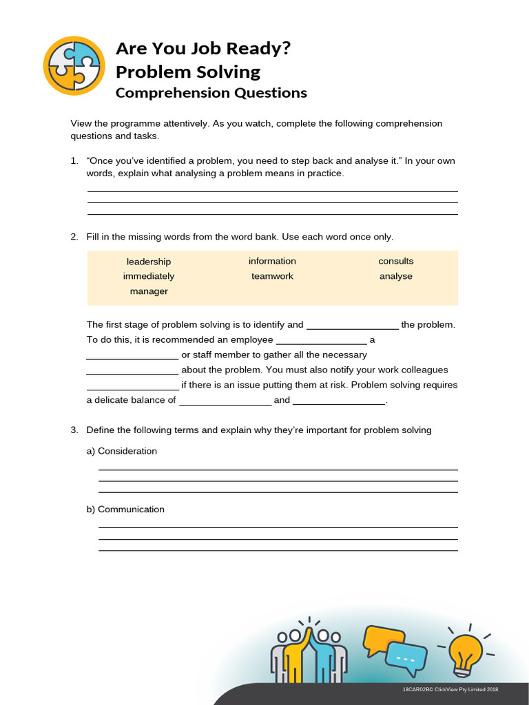 Video Worksheet 1 Are You Job Ready Problem Solving Comprehension ...