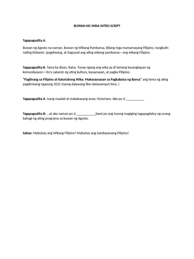 Buwan NG Wika Intro Script | PDF