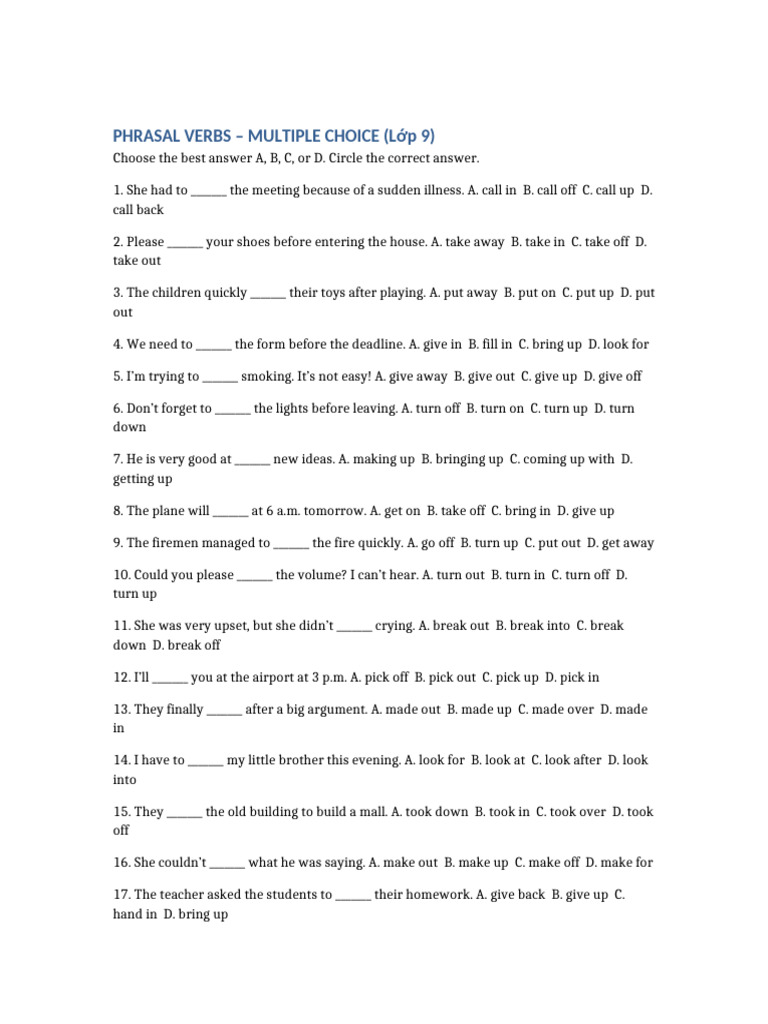 Phrasal Verbs 50 Questions Lop9 | PDF | Chess Theory | Chess