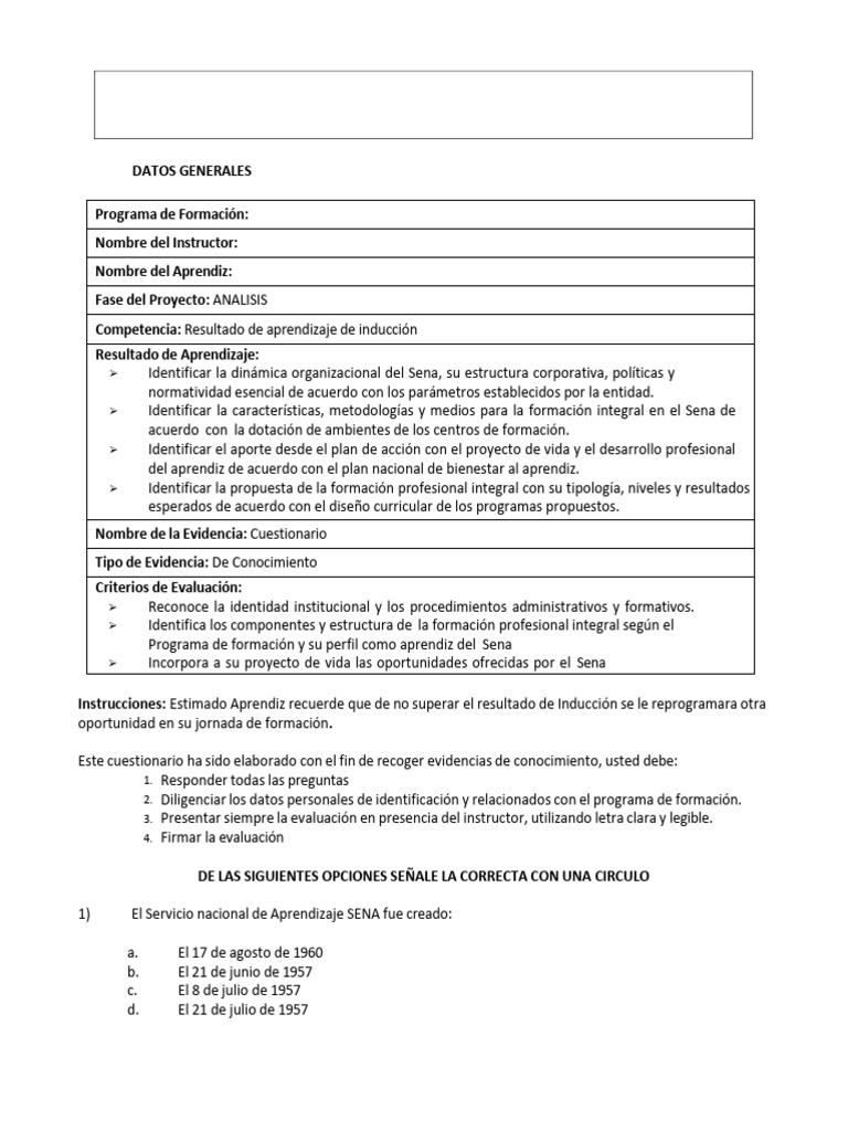 Cuestionario Induccion 2025 Segunda Oferta Pdf Aprendizaje