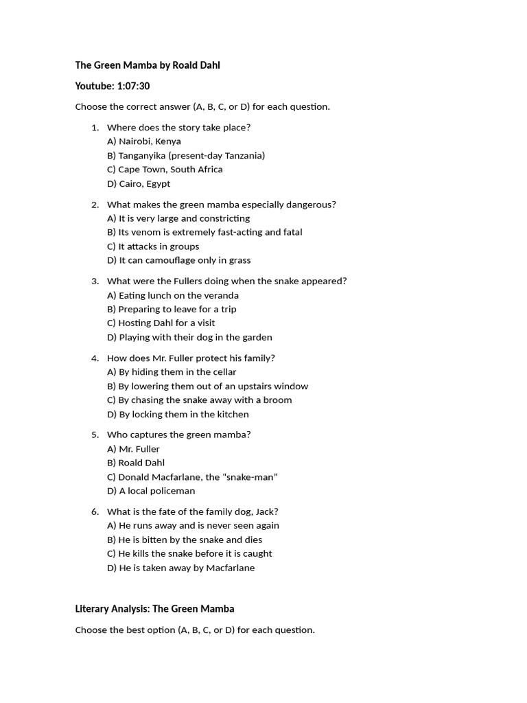 The Green Mamba by Roald Dahl | PDF | Narration