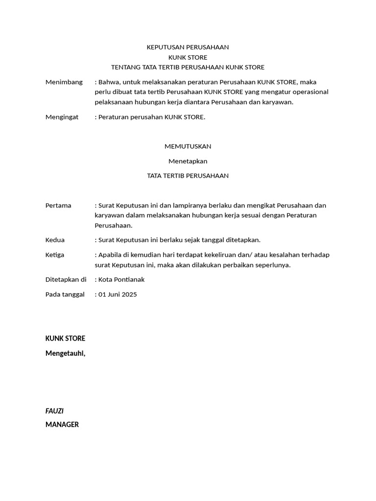 Tata Tertib Karyawan KUNK STORE | PDF