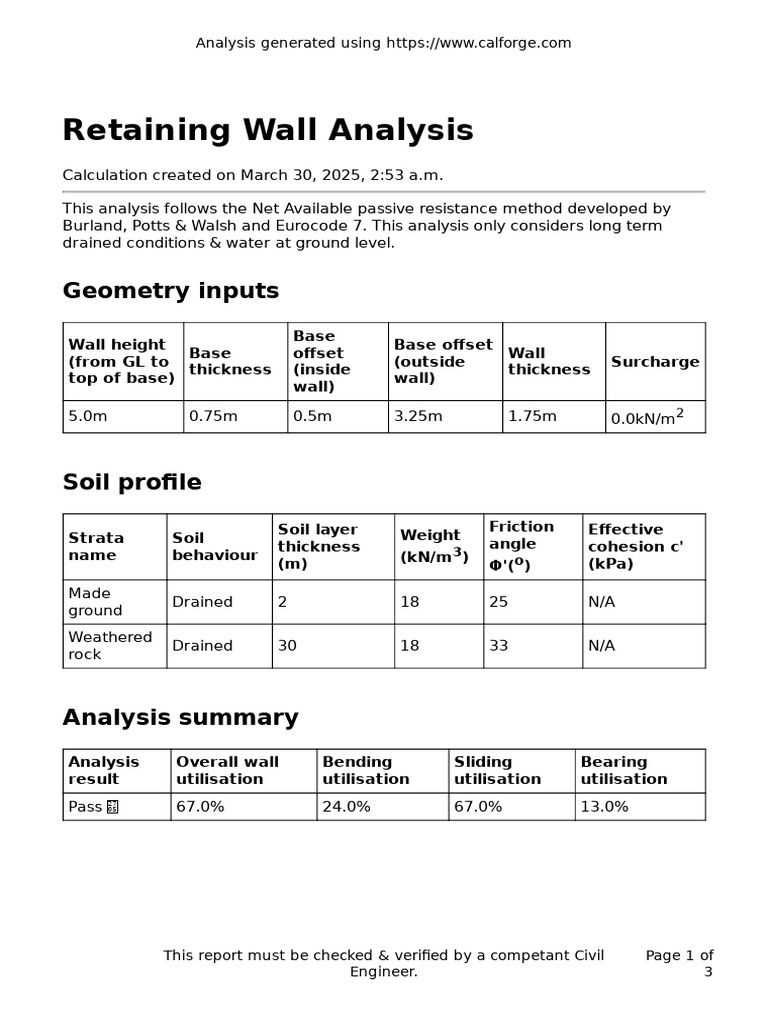 CalcForge Retaining Wall Calculation | PDF | Force | Mechanics