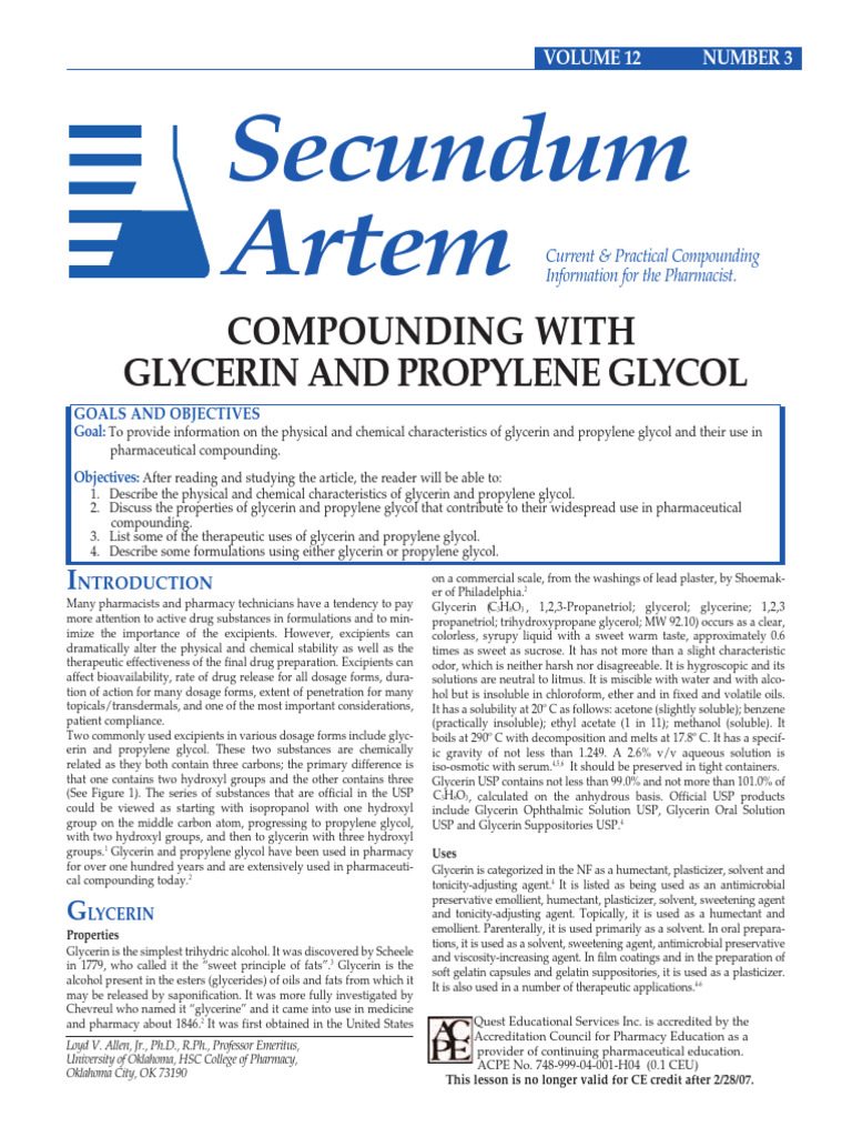 Glycerin and Propylene Glycol in Pharmacy | PDF | Glycerol | Ethanol