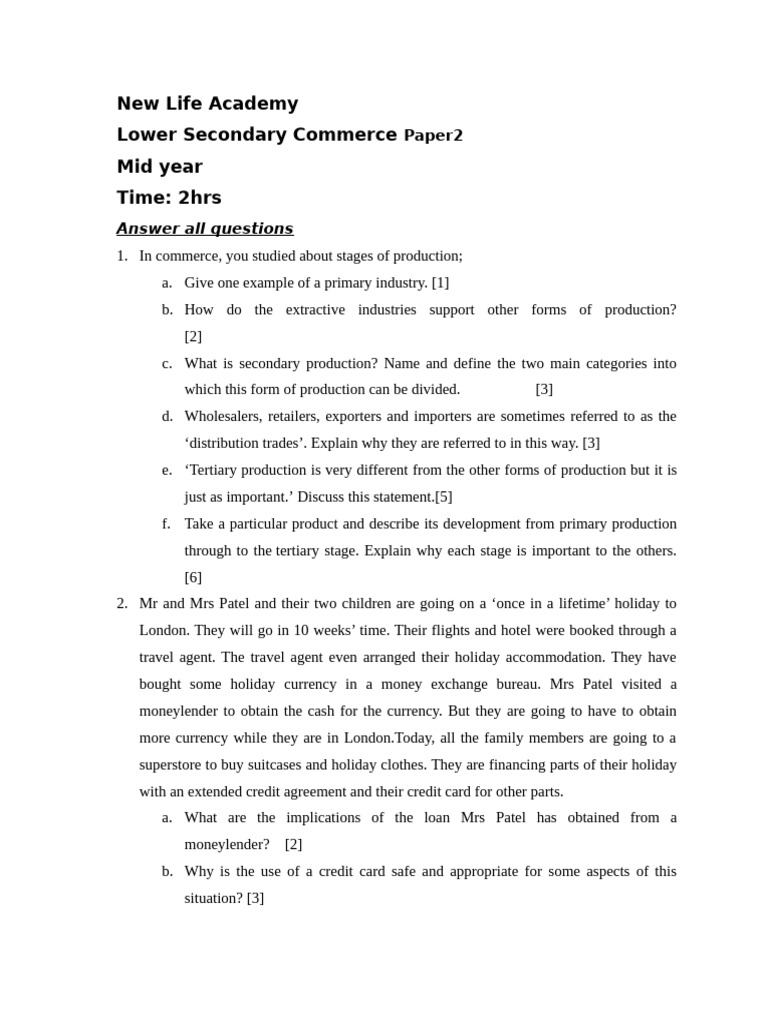 Lower Secondary Commerce Exam Paper | PDF | Retail | Credit