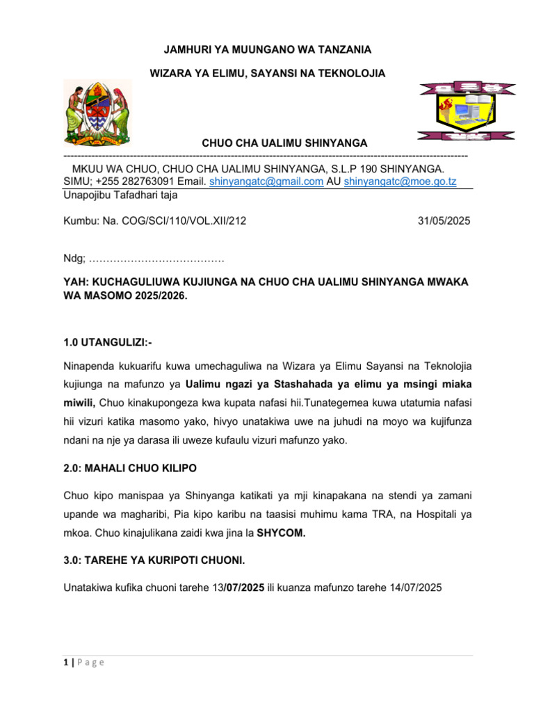 Shinyanga Tcjoining Instru 2025-2026 | PDF