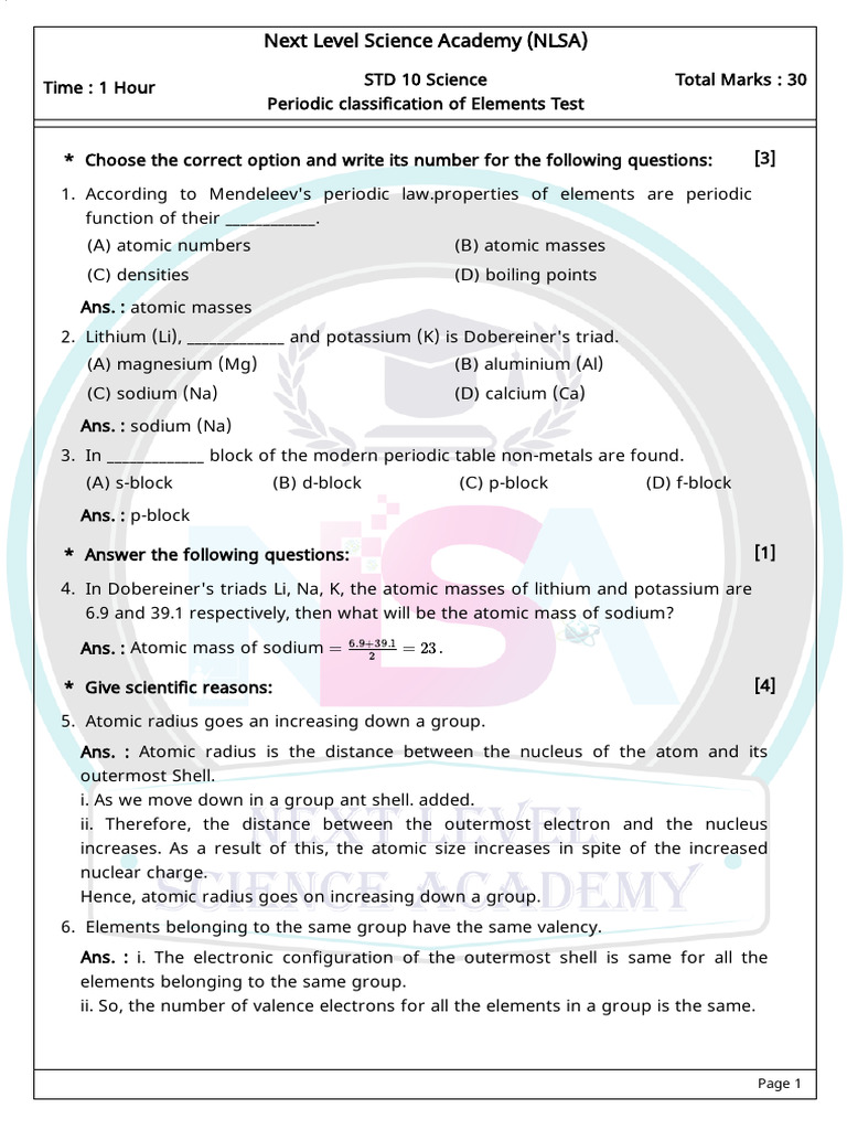 Periodic Classification of Elements Test - Solution | PDF | Periodic ...