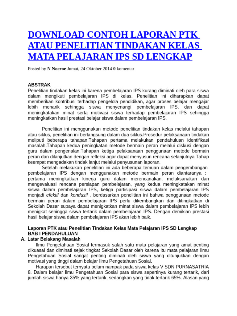 Contoh Laporan PTK Atau Penelitian Tindakan Kelas Mata Pelajaran Ips SD ...