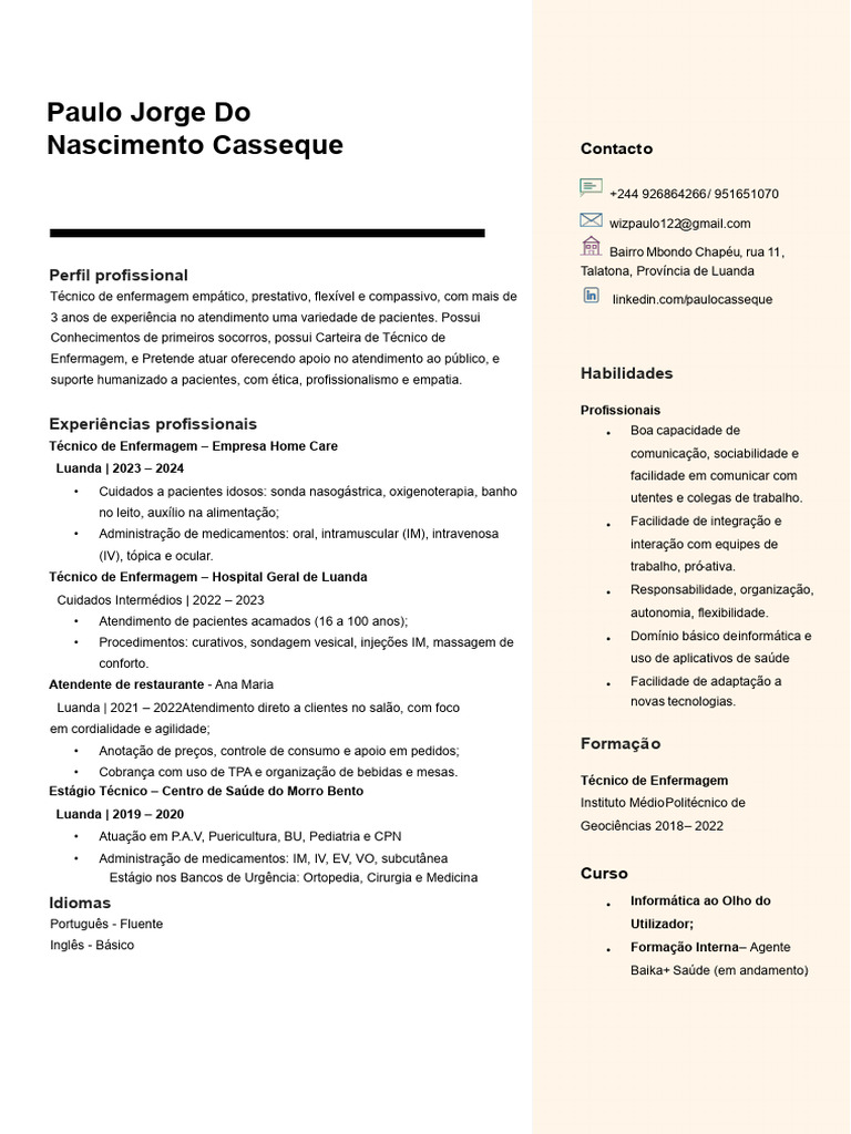 CV Paulo Casseque Técnico de Enfermagem | PDF | Remédio | Sistema de saúde