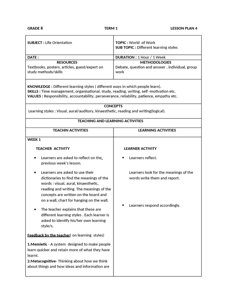 Grade 8 Term 1 Lesson Plan 4 | PDF | Learning Styles | Learning