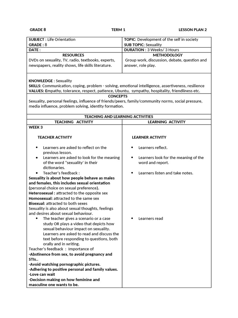 Grade 8 Sexuality Education Plan | PDF | Sexual Orientation | Learning