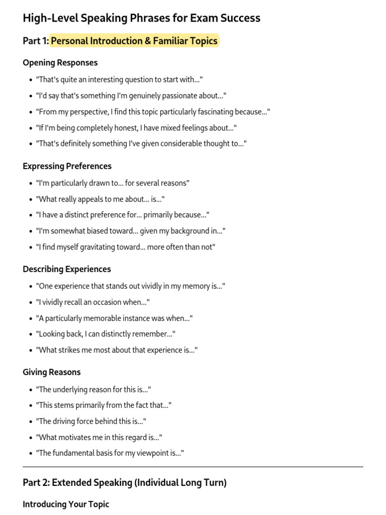 Exam Success: High-Level Speaking Phrases | PDF | Experience | Thought
