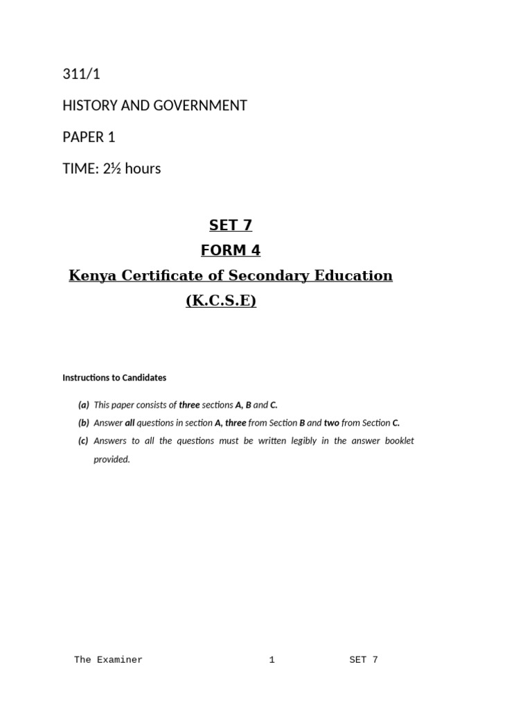 K.C.S.E History & Government Exam Paper | PDF | Kenya