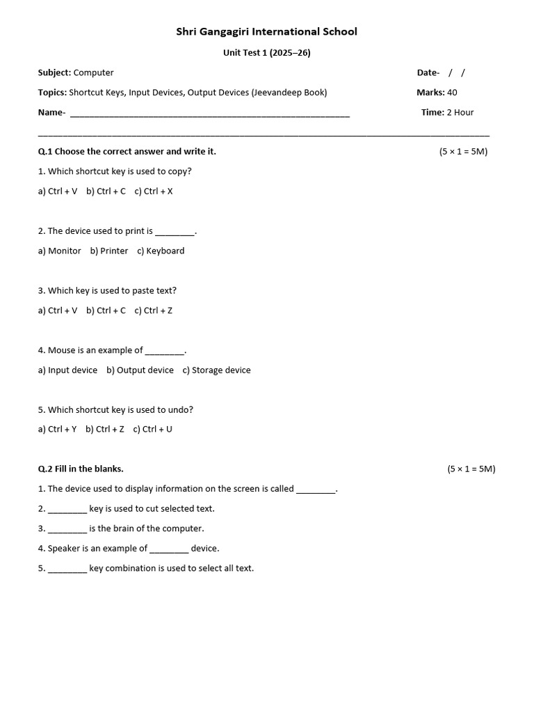 Computer Unit Test: Shortcut Keys & Devices | PDF