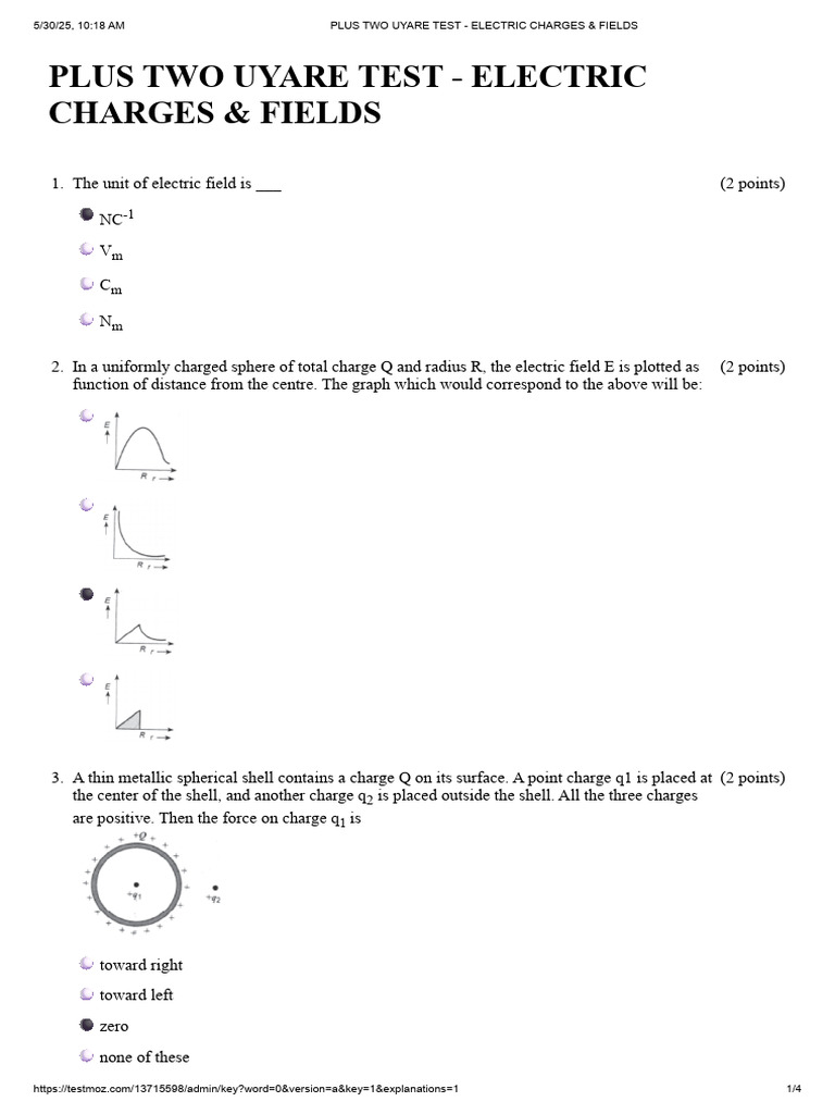 Electric Charges and Fields Chapter Wise Exam Chapter Wise Exam 2025-26 | PDF | Electric Field ...