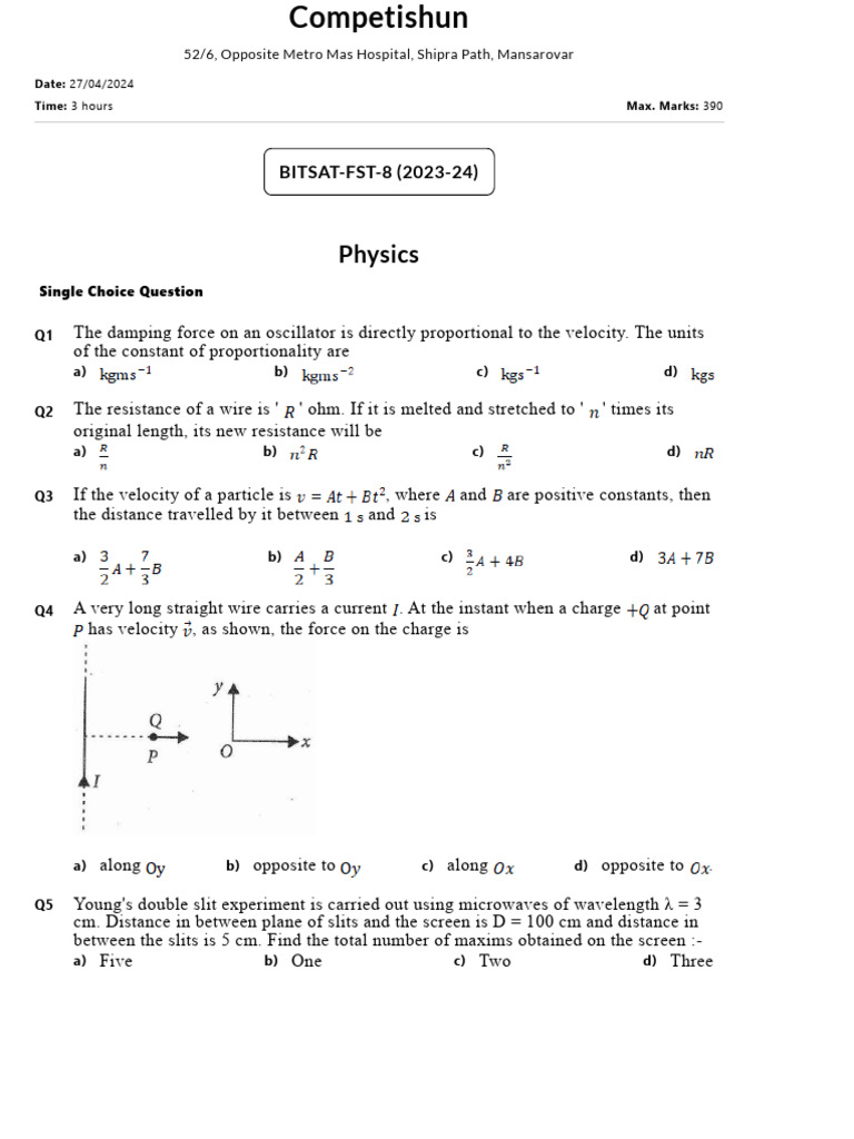 Bitsat Fst 08 (2023 24) Cropped | PDF | Equations | Adsorption