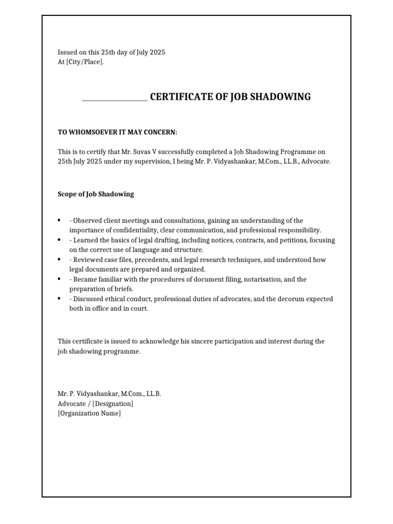 Job Shadowing Certificate for Mr. Suvas V | PDF