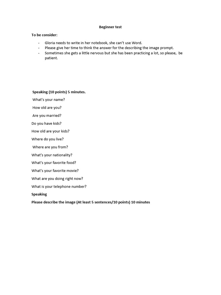 Beginner English Test Structure Guide | PDF