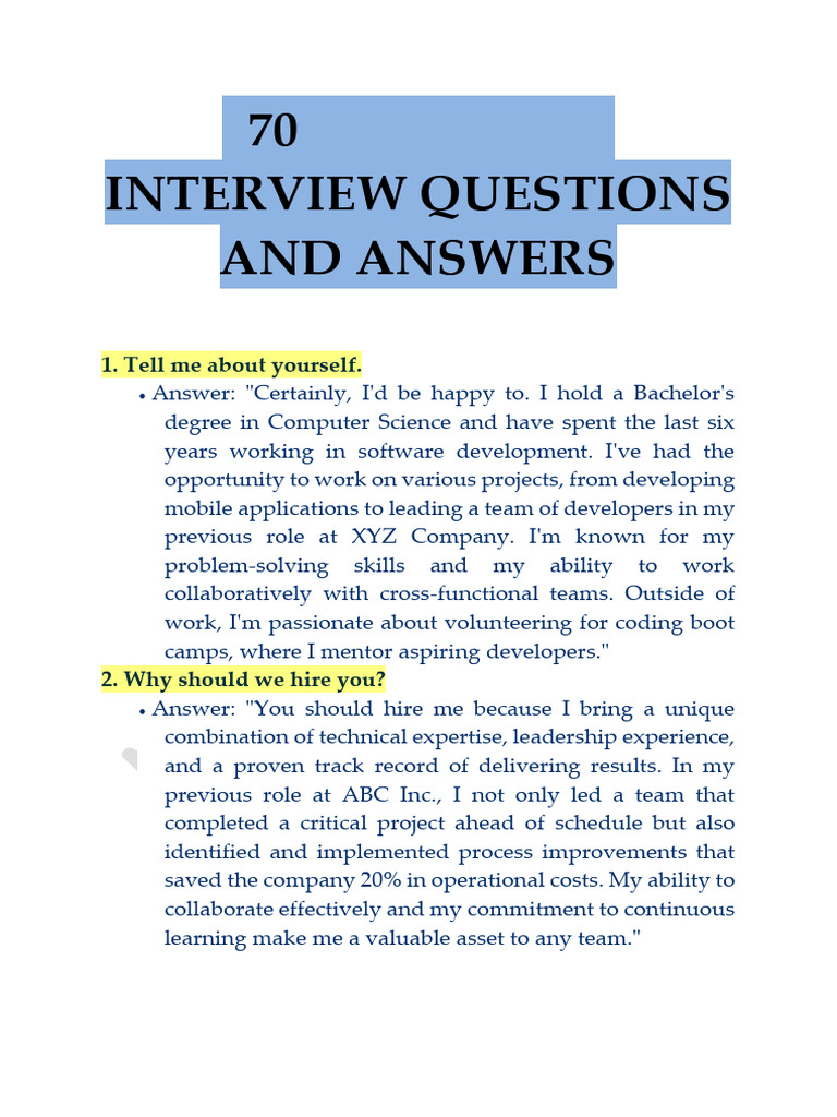 70 Behavioral Interview Questions & Answers | PDF | Mentorship | Time ...
