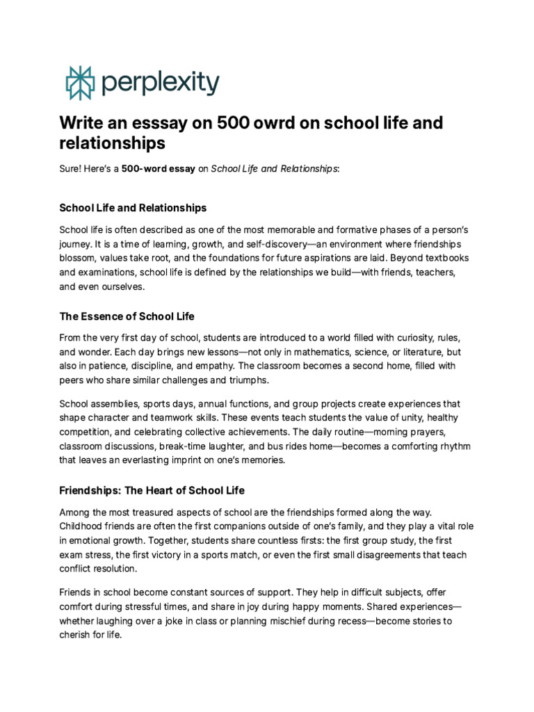 Write An Esssay On 500 Owrd On School Life and Rel | PDF | Mentorship ...