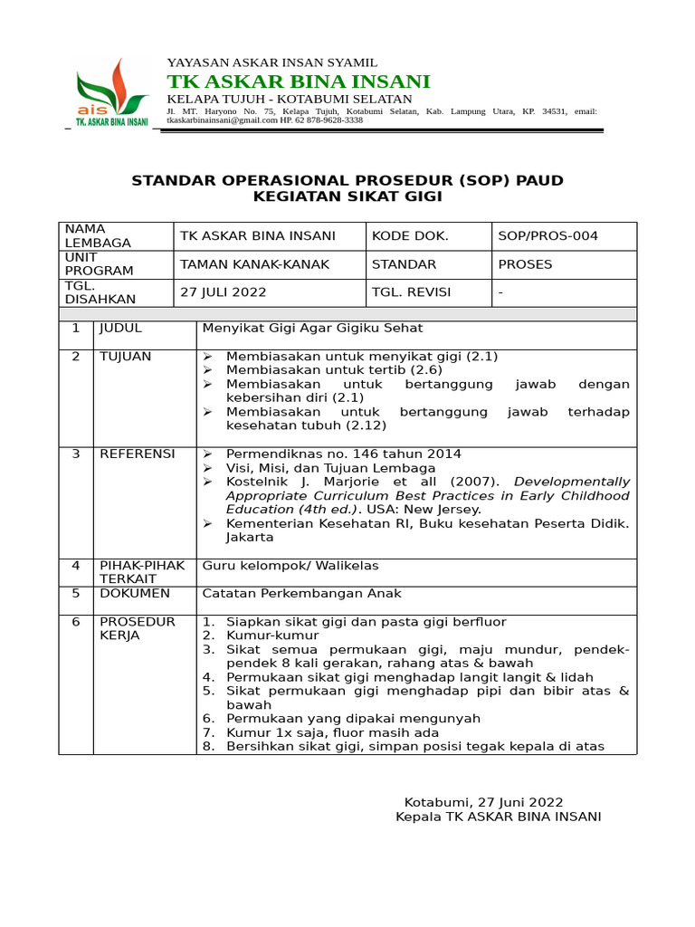 Sop Paud - Kegiatan Sikat Gigi | PDF