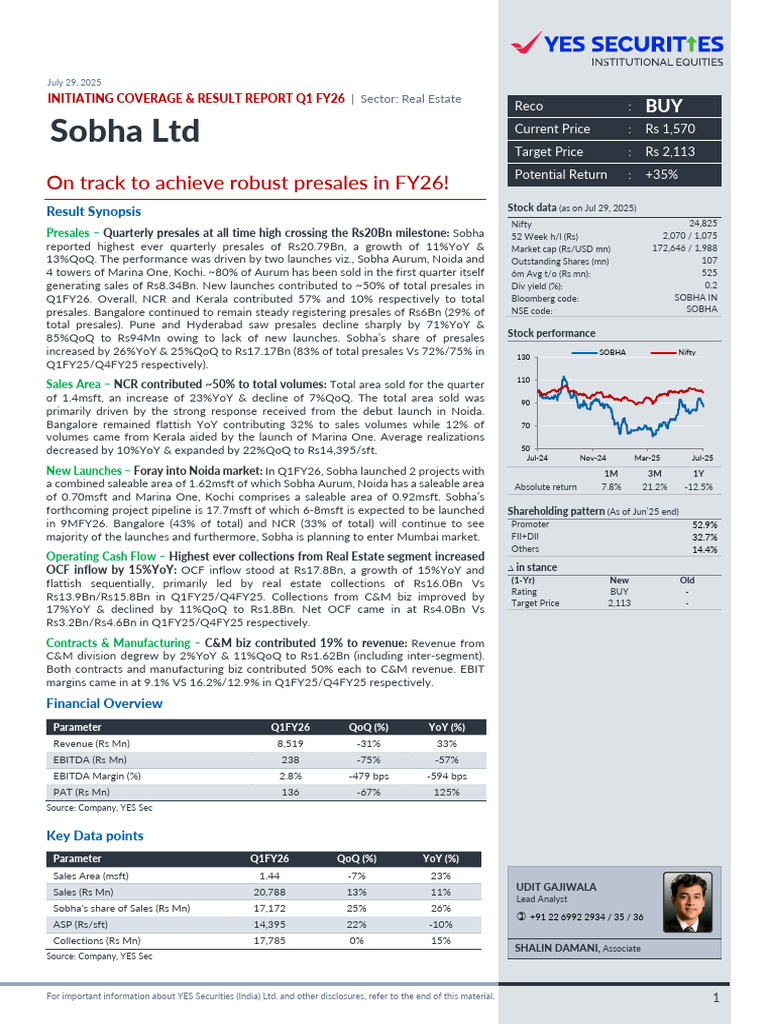 Sobha LTD (Yes Securities) | PDF | Economies | Financial Accounting