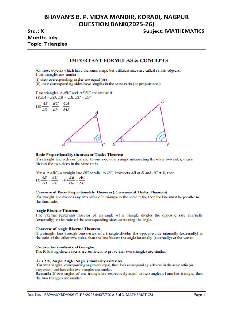QB Chapter 6 (Triangle) Class X | PDF | Triangle | Geometric Shapes