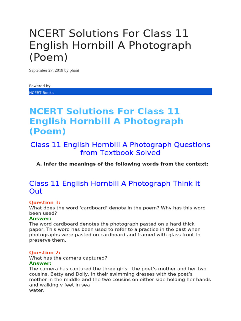 A Photograph Class 11 Q&A Solutions | PDF