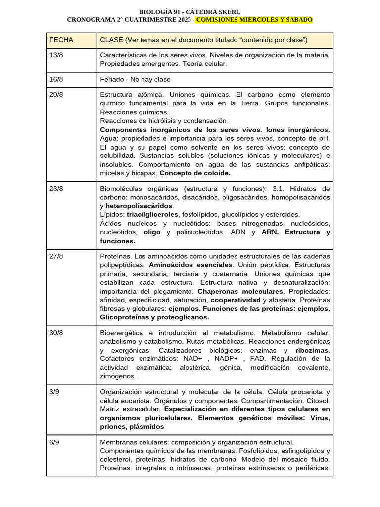 B91 - 2º C 2025 - Mier - Sab - Cronograma | PDF | Membrana celular | Rna
