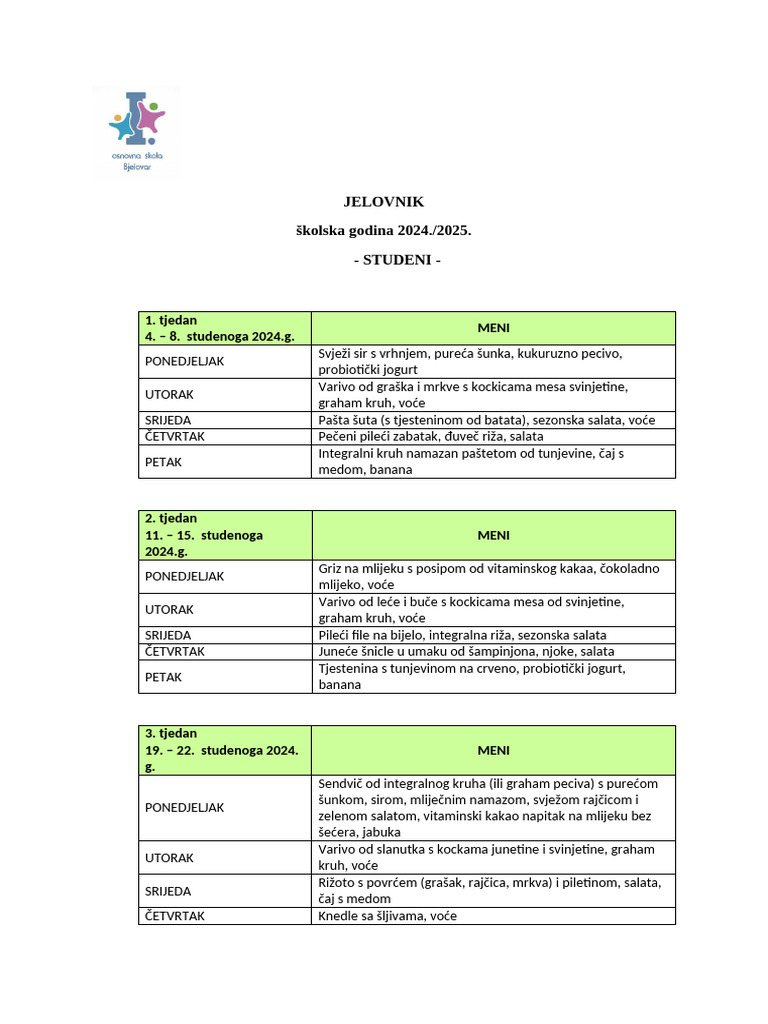Jelovnik Skole Studeni 2024 | PDF