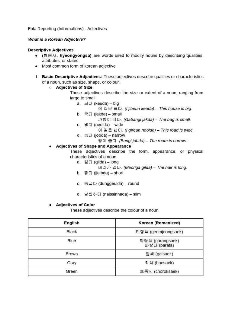 Korean Descriptive Adjectives Explained | PDF | Adjective | Noun