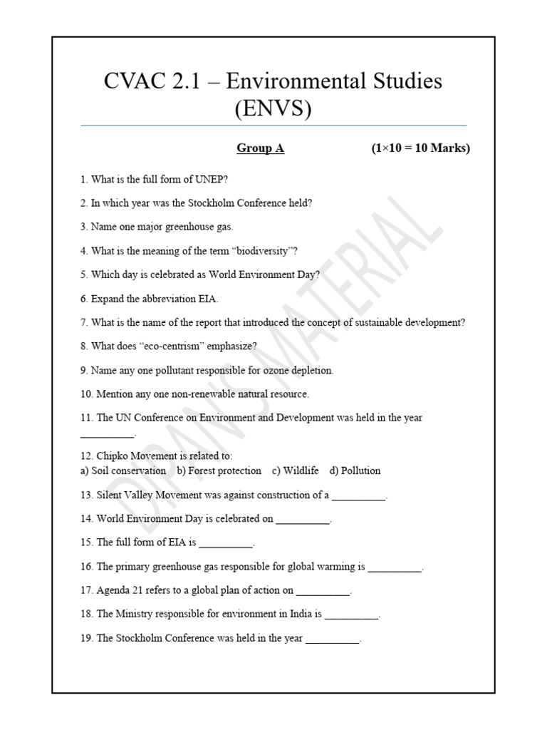 ENVS Sample Questions Sem2 CVAC2.1 | PDF | Sustainability | Sustainable ...