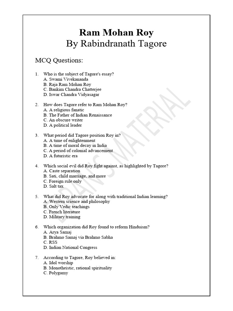 MCQs on Ram Mohan Roy by Tagore | PDF | Idolatry | Rabindranath Tagore