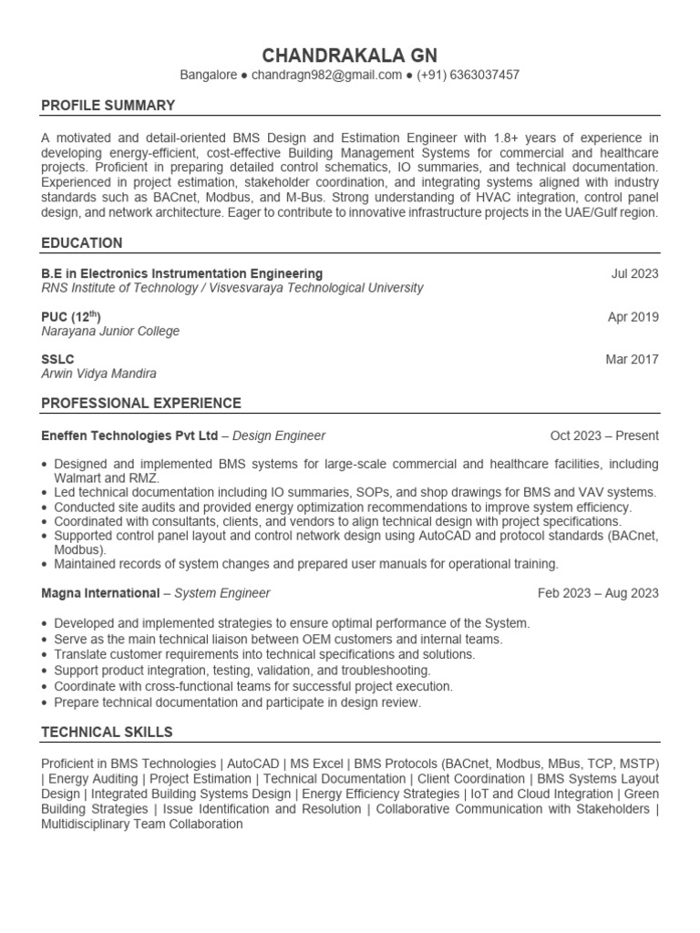 Chandrakala BMS DesignEngineer Resume (GCC) - 3 | PDF | Computing
