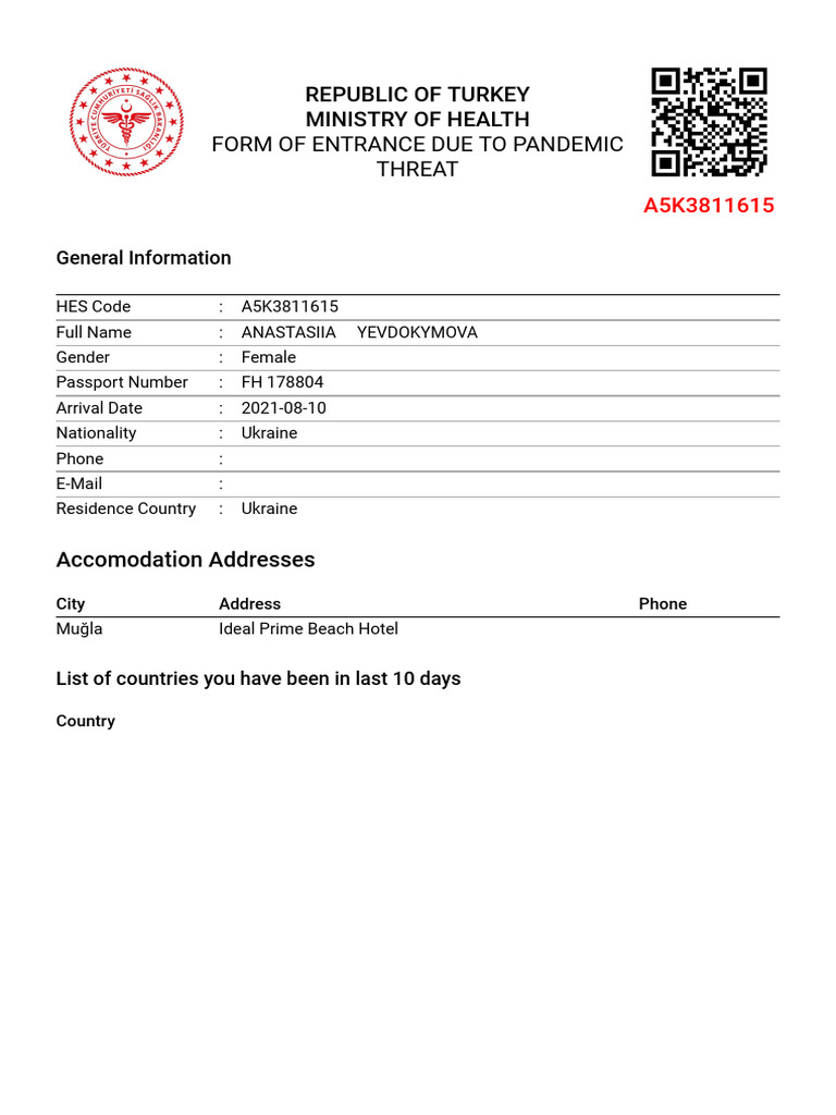 Turkey Pandemic Entry Form Details | PDF