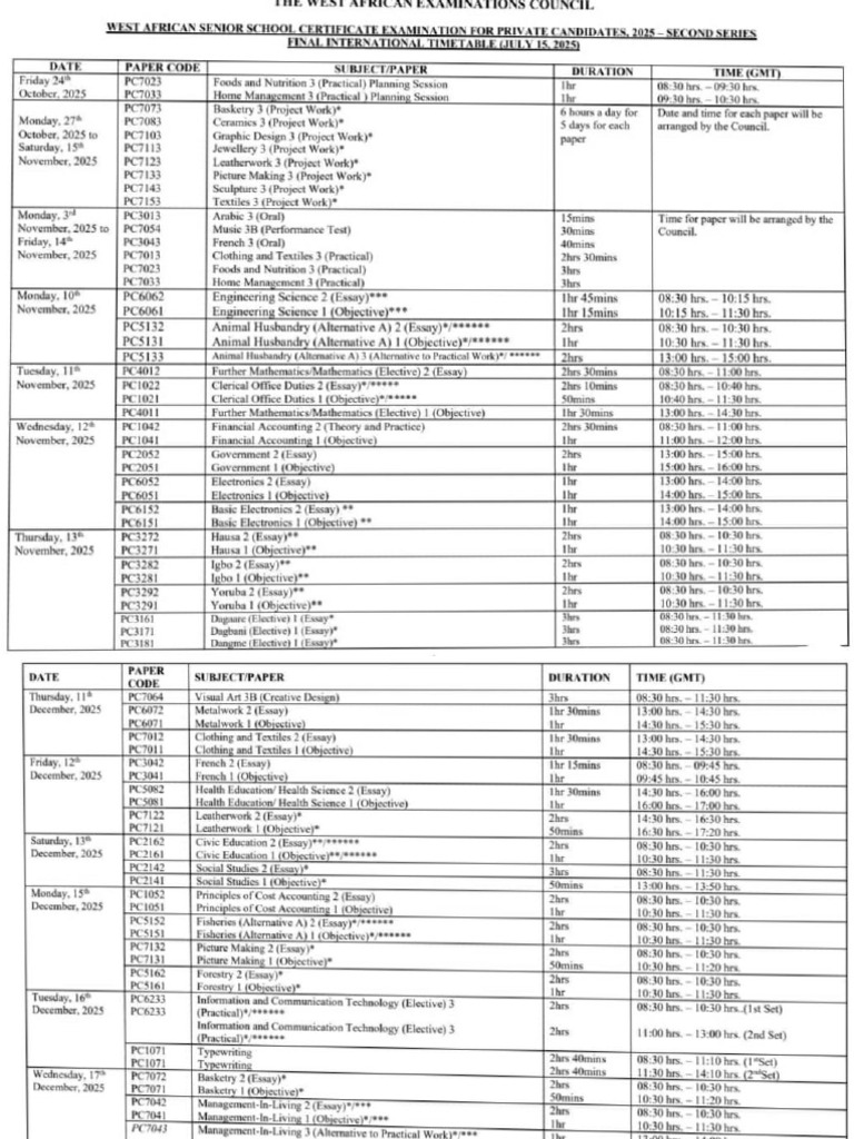 2025 Private Wassce Time Table by Eminem | PDF