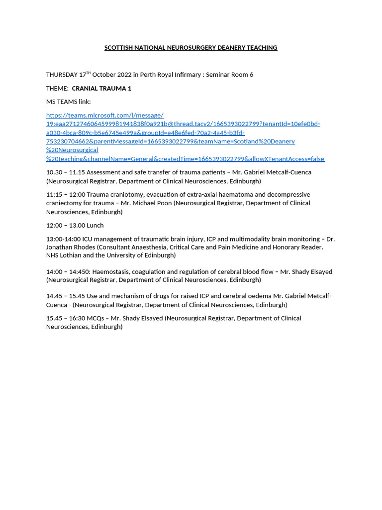 17th October 2022 Scottish Neurosurgery Deanery Teachingtimetable 2 | PDF