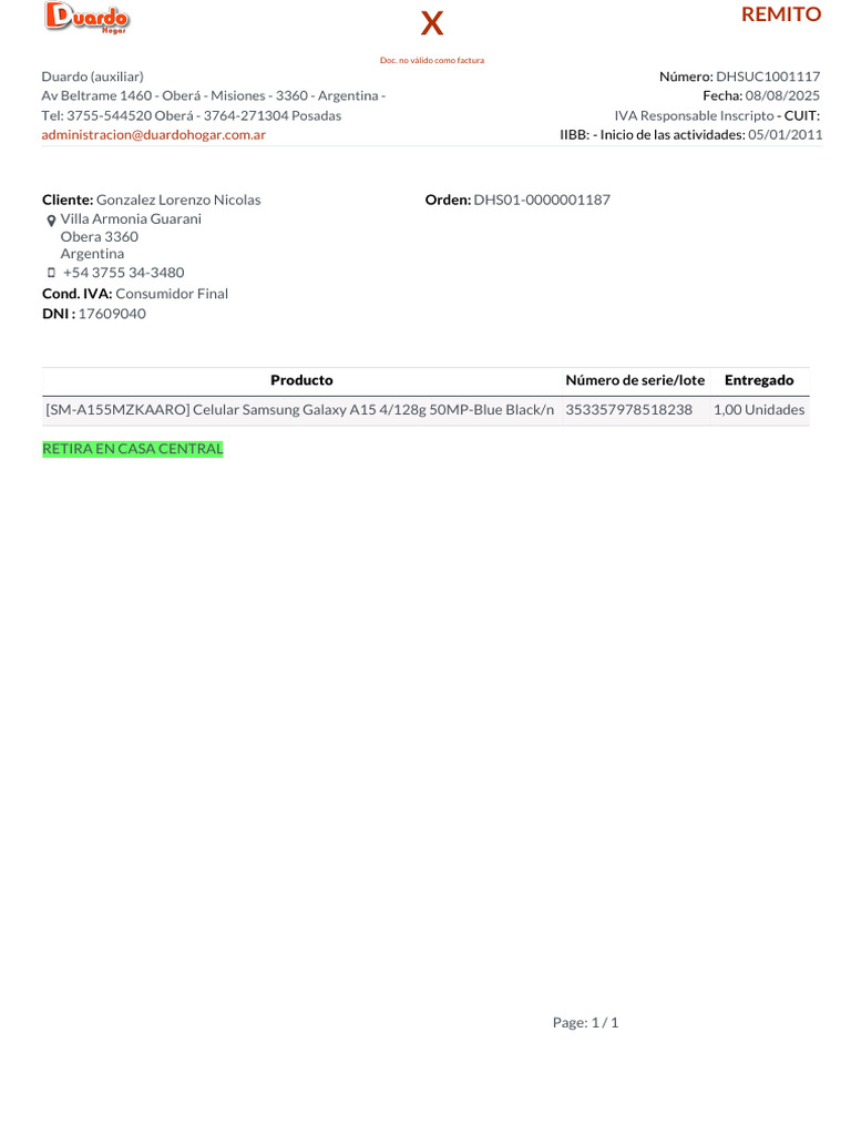 Recibo de Entrega - Gonzalez Lorenzo Nicolas - DSuc1 - OUT - 01274 | PDF