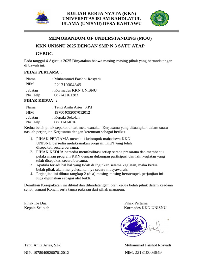 MOU KKN UNISNU 2025 dengan SMP N 3 Gebog | PDF