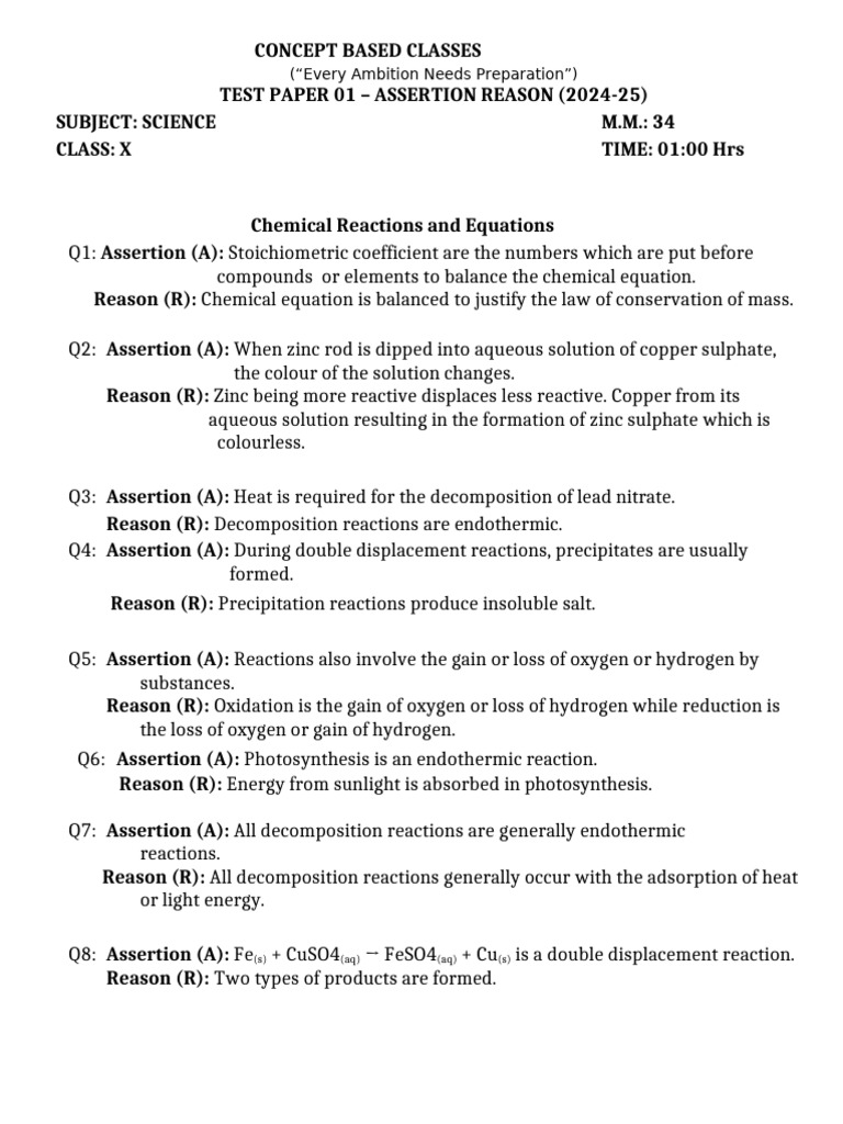 Assertion-Reason Test Paper for Science | PDF | Chemical Reactions | Redox