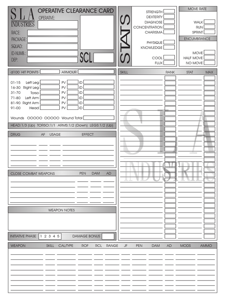 SLA Industries Character Sheet 2 | PDF | Role Playing Games | Tabletop ...
