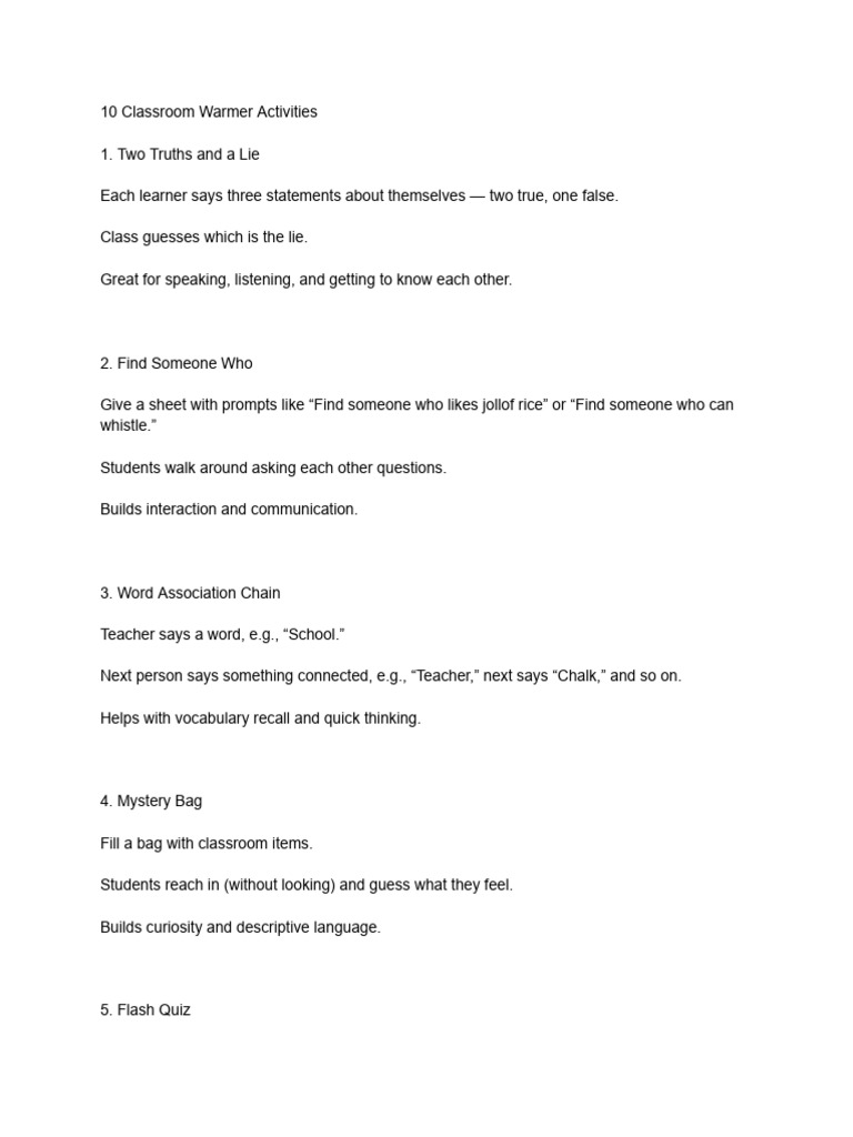 10 Classroom Warmer Activities | PDF