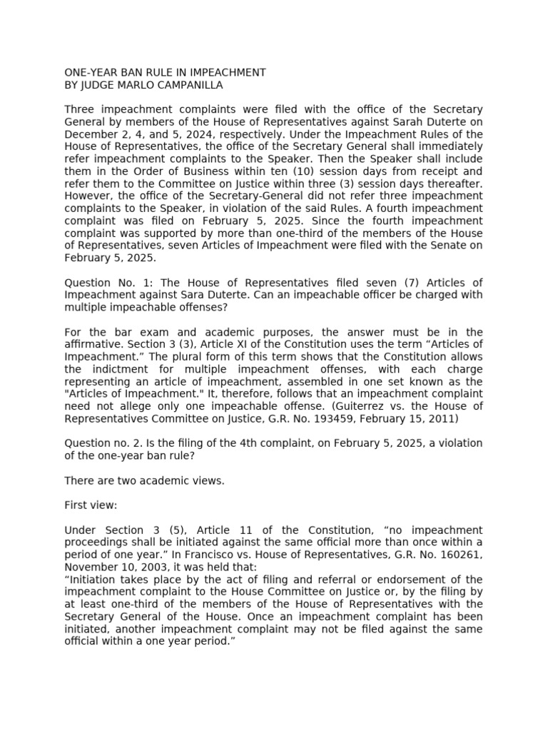 One Year Ban Rule in Impeachment | PDF | Impeachment | United States ...