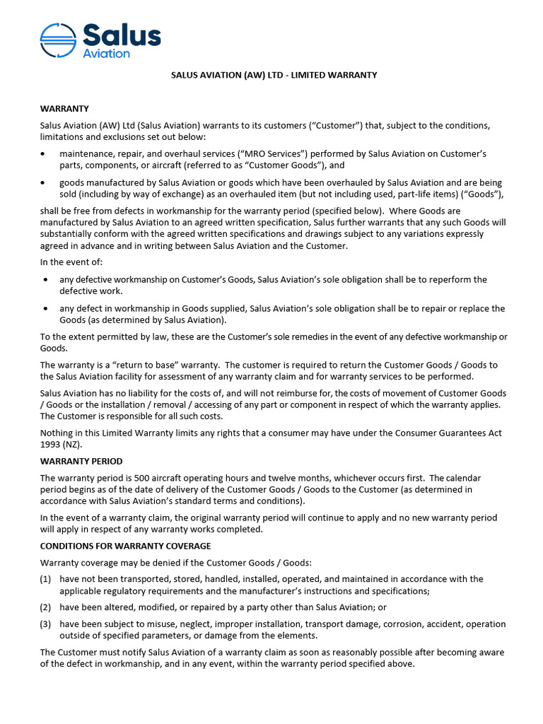 Salus Aviation Warranty Policy FINAL | PDF | Civil Law (Legal System) | Justice