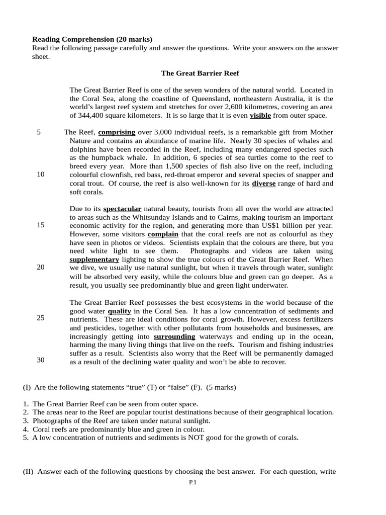 Reading Comprehension | PDF | Coral Reef | Coral