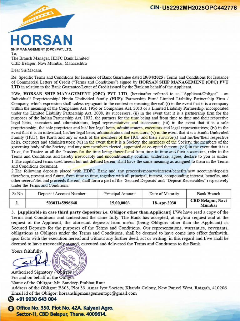 Deposite Letter - Horsan Ship Management PVT LTD | PDF | Sole ...