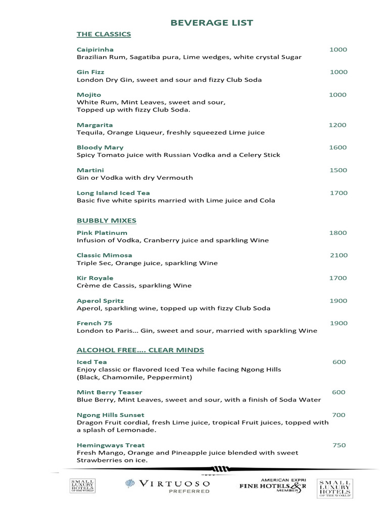 Classic and Bubbly Beverage List | PDF