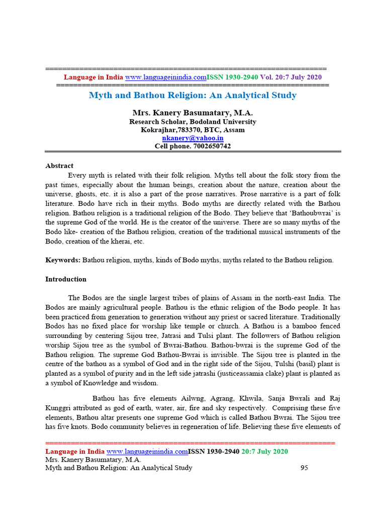 Bodo Myths and Bathou Religion Study | PDF | Narrative | Rituals