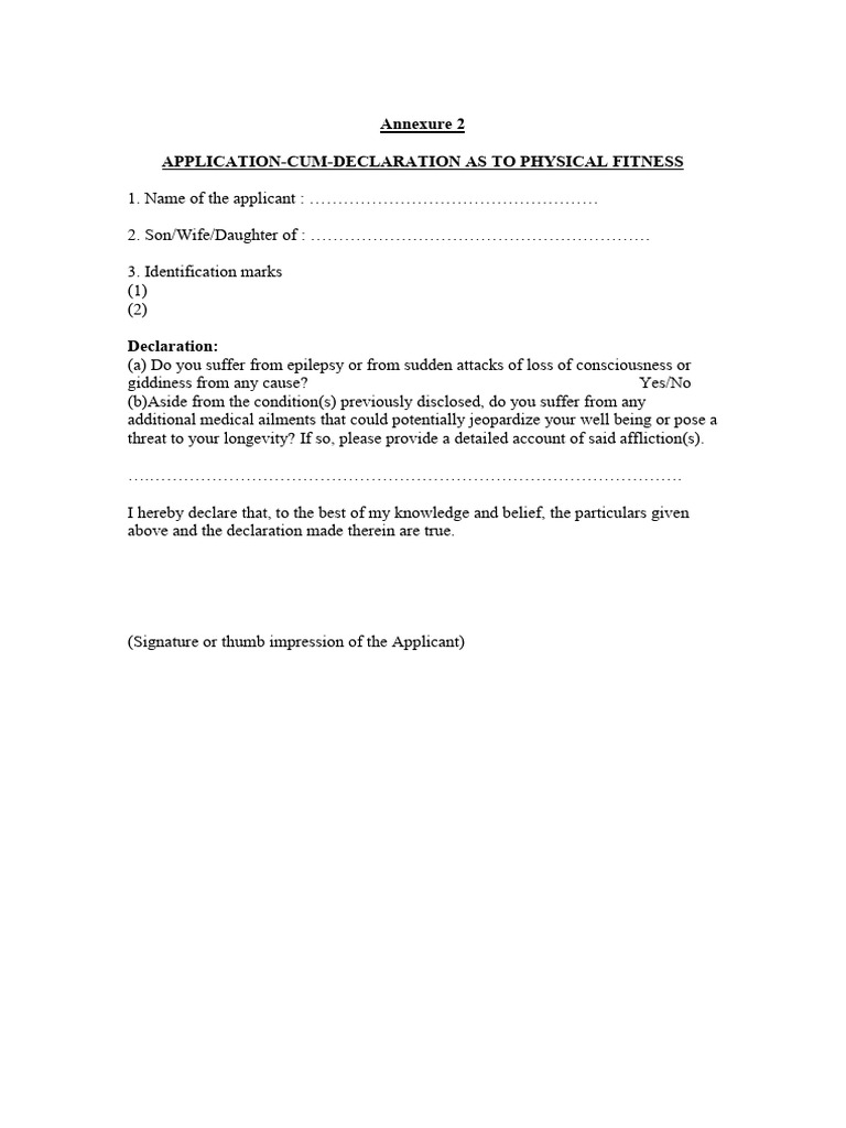 Annexure 2 Fitness Form | PDF