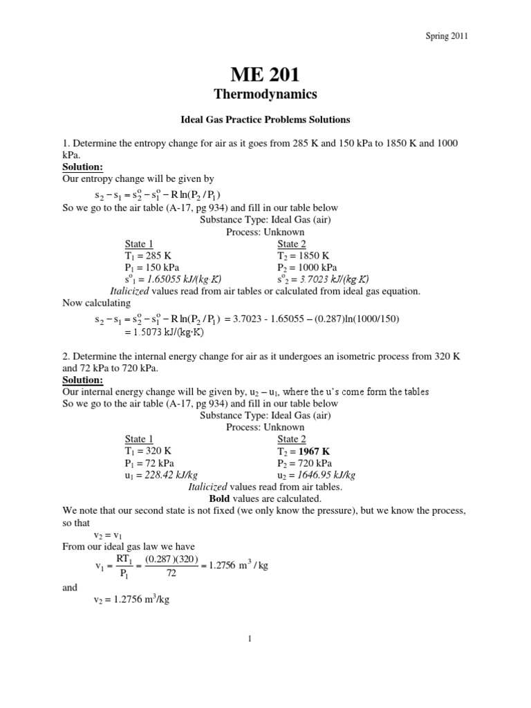 Thermodynamics Ideal Gas Practice Problems Solutions Pdf Enthalpy